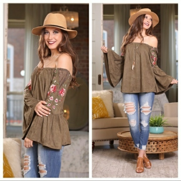 Infinity Raine | Tops | Olive Faux Suede Embroidered Off Shoulder Tunic ...